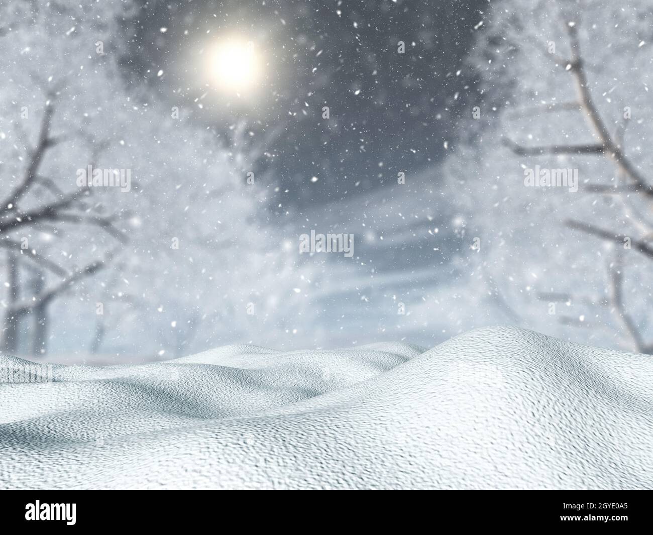 3D render of snow against a tree landscape in a blizzard Stock Photo ...