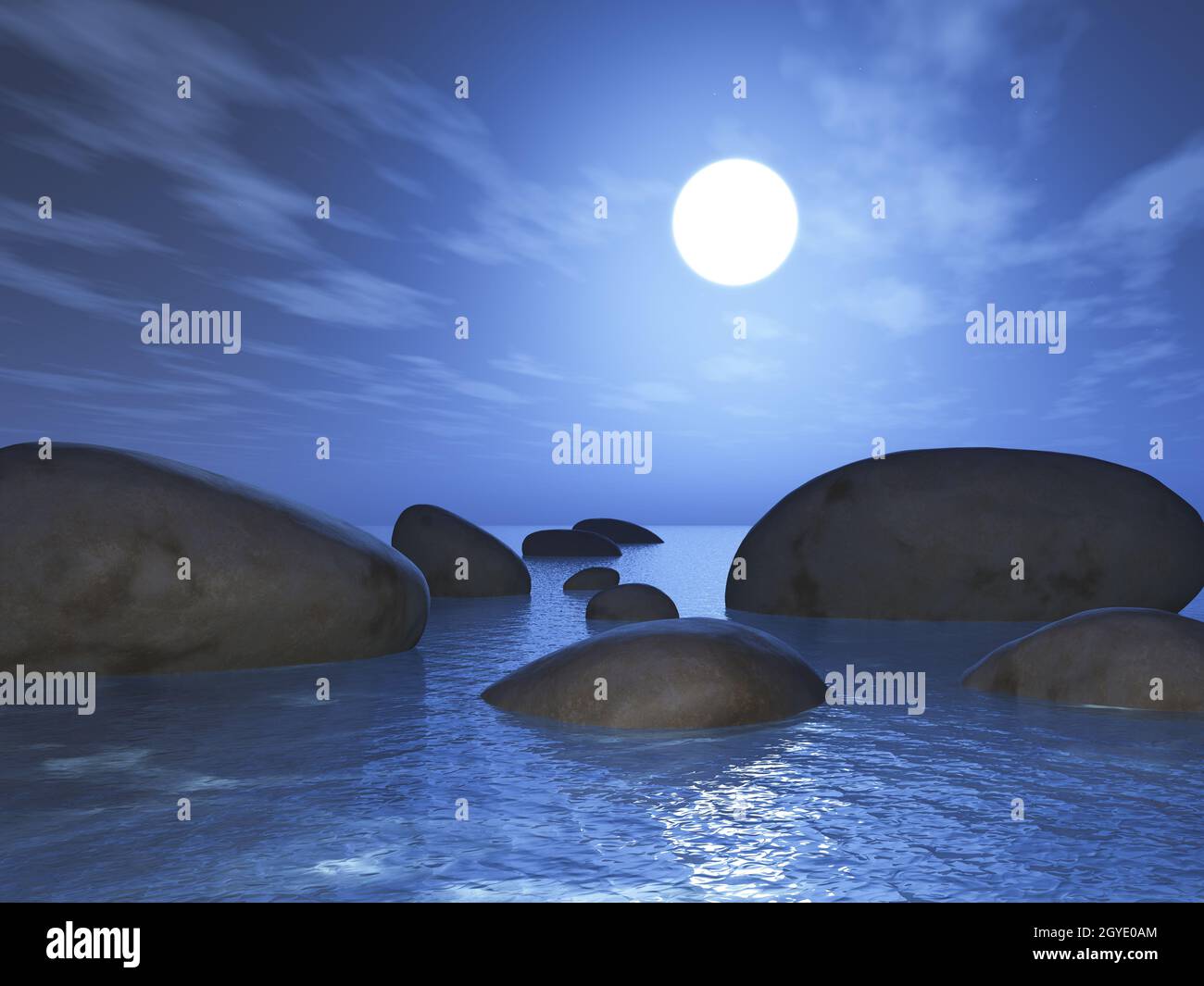 3D render of rocks in ocean against sunset sky Stock Photo - Alamy