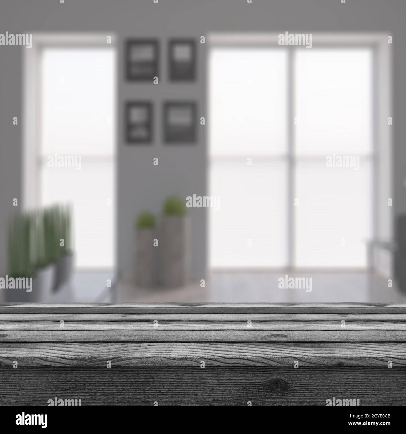 3D render of a rustic table looking out to a defocussed modern room ...