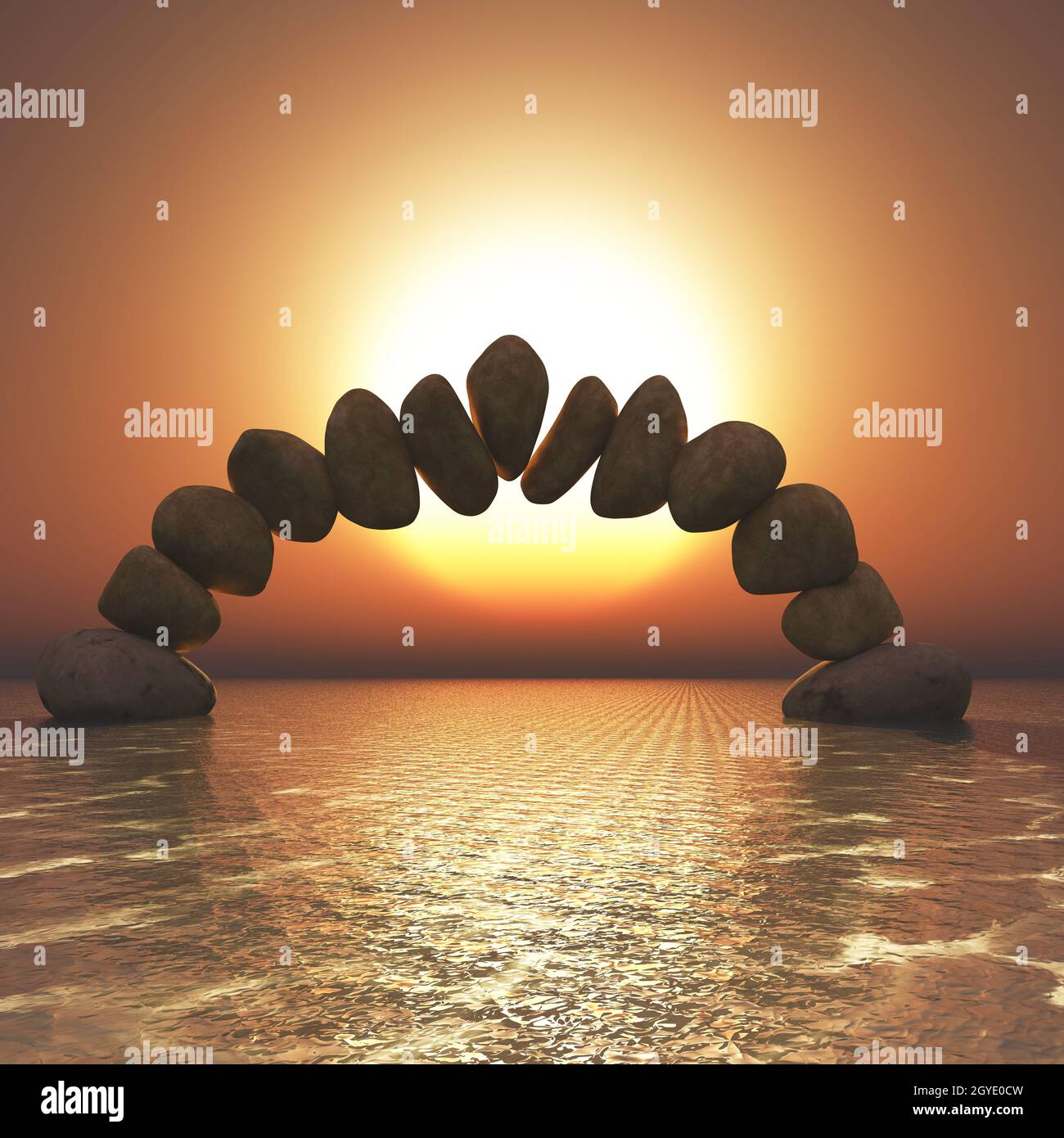 3d render of a balancing rock formation in a sunset ocean Stock Photo ...