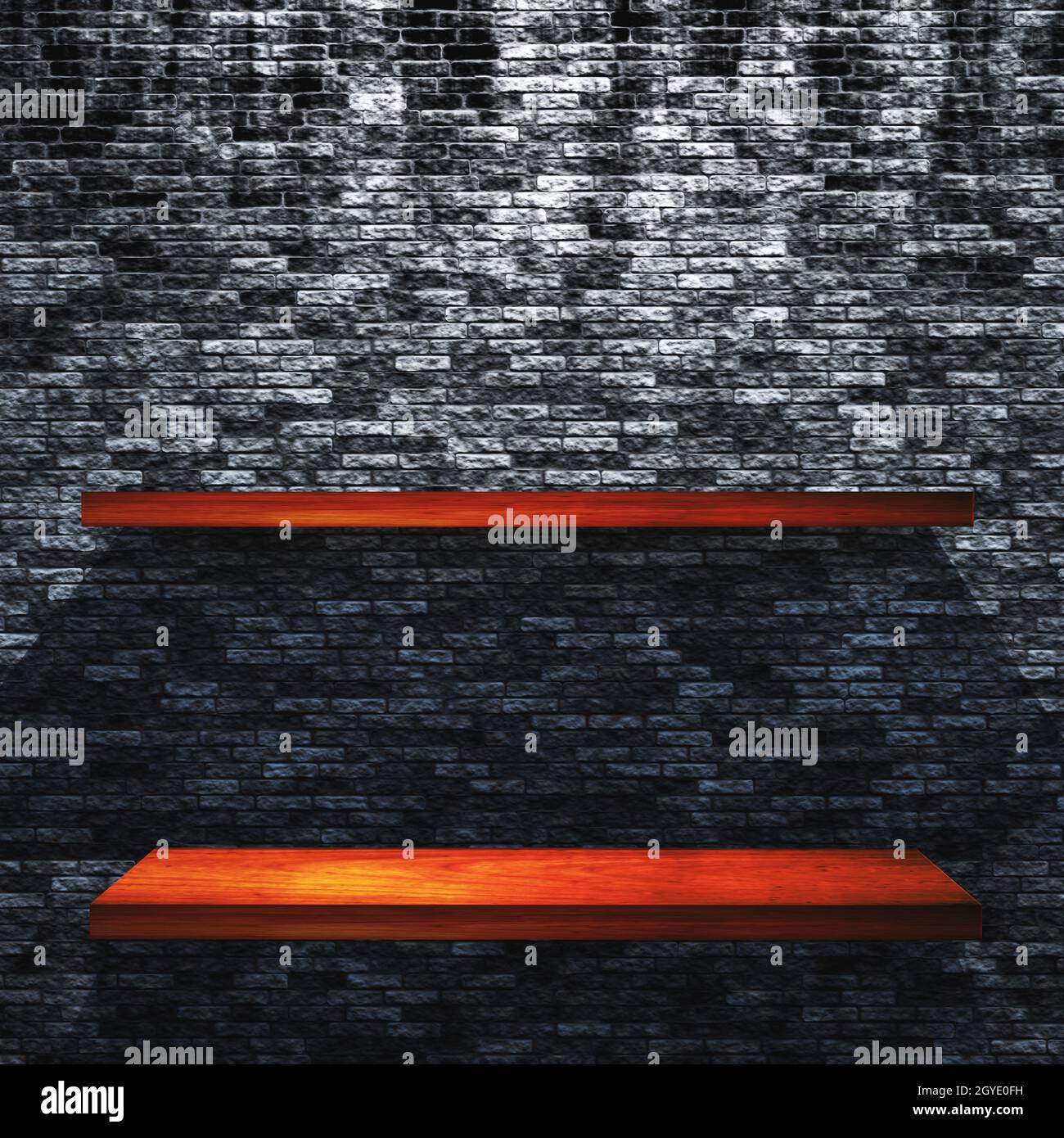 3D render of wooden shelves on a grunge brick wall Stock Photo - Alamy