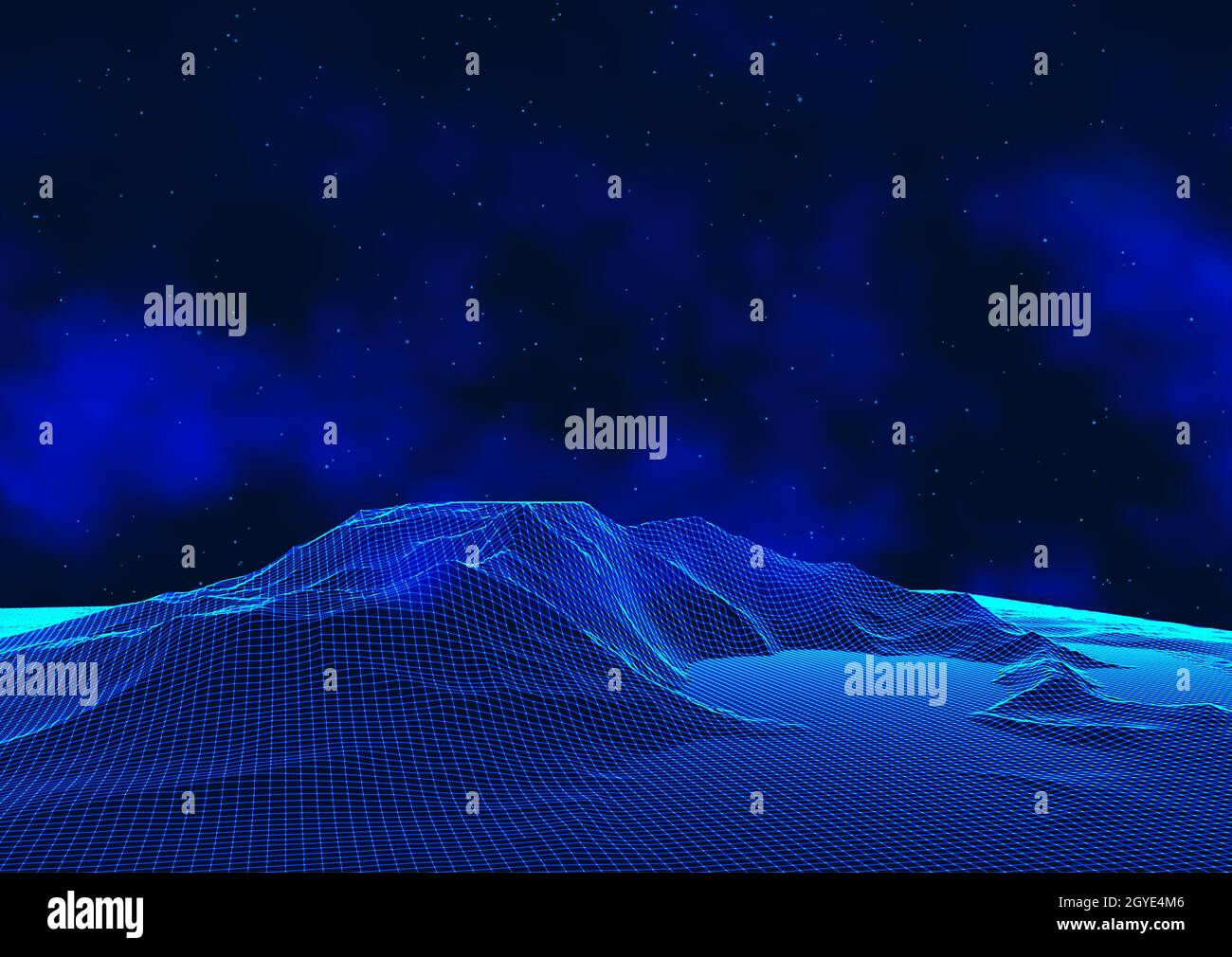 Abstract techno background with wireframe landscape against a space sky ...