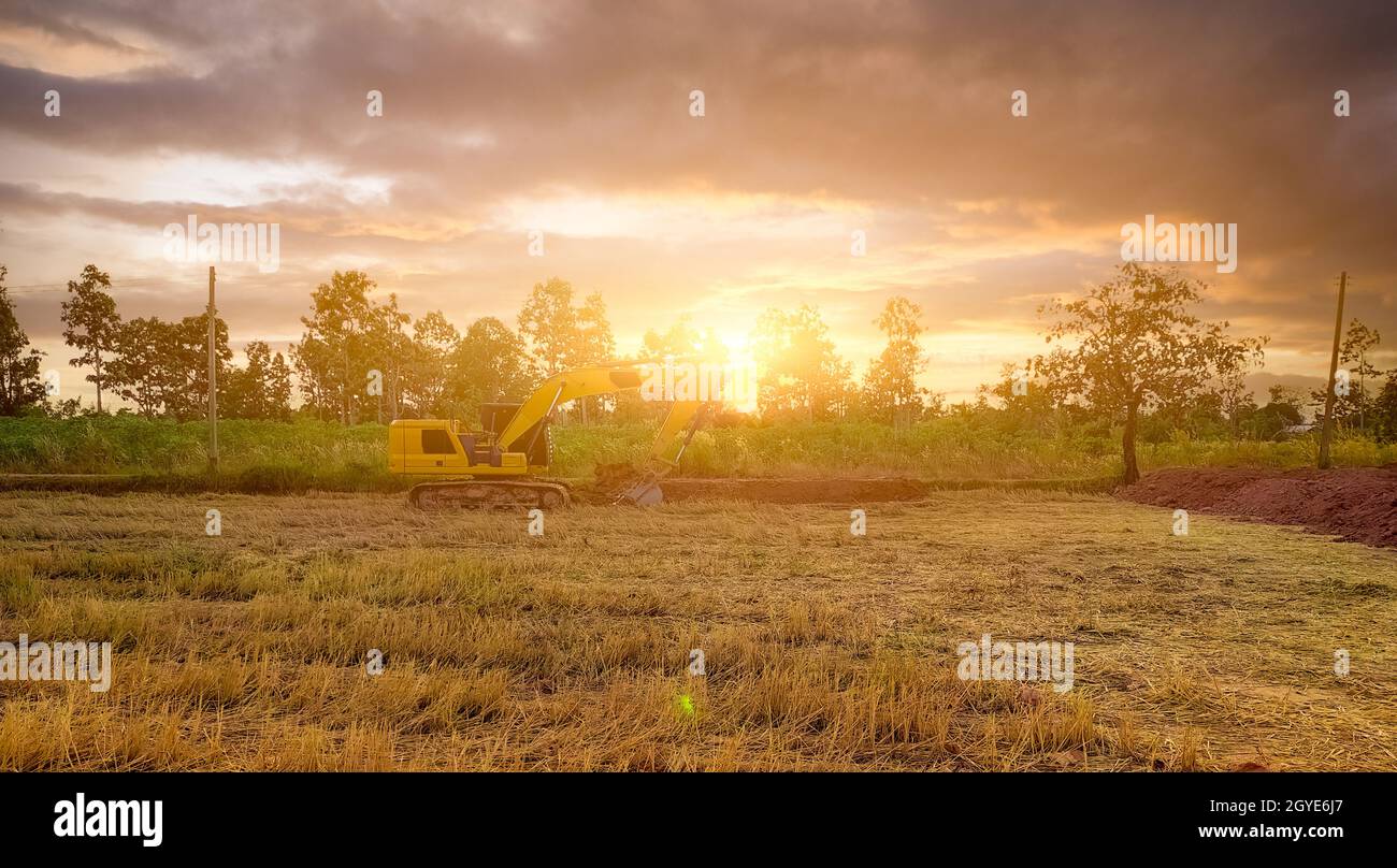 Landscape of rice field and tropical forest with sunset sky. Backhoe ...