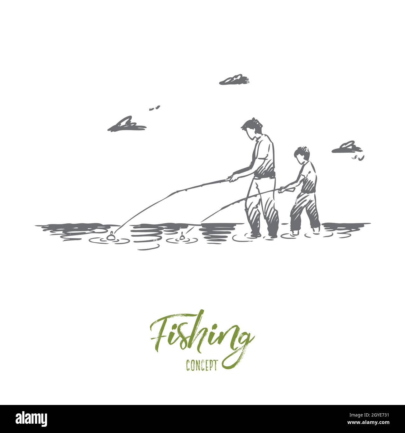 Fishing, river, father, son, catch concept. Hand drawn dad and his son ...