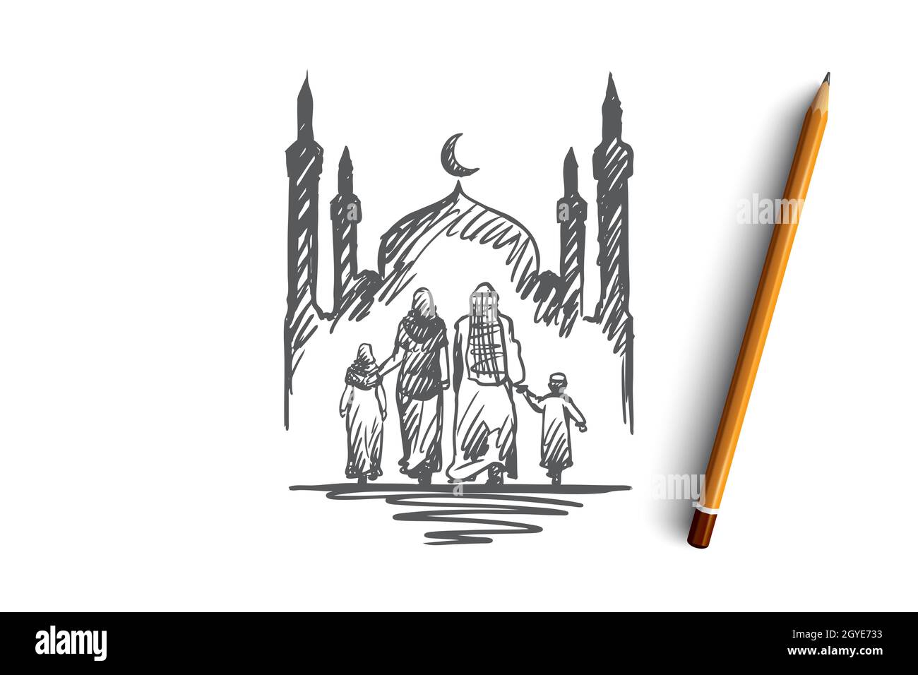 Religion, family, muslim, arabic, islam, mosque concept. Hand drawn ...