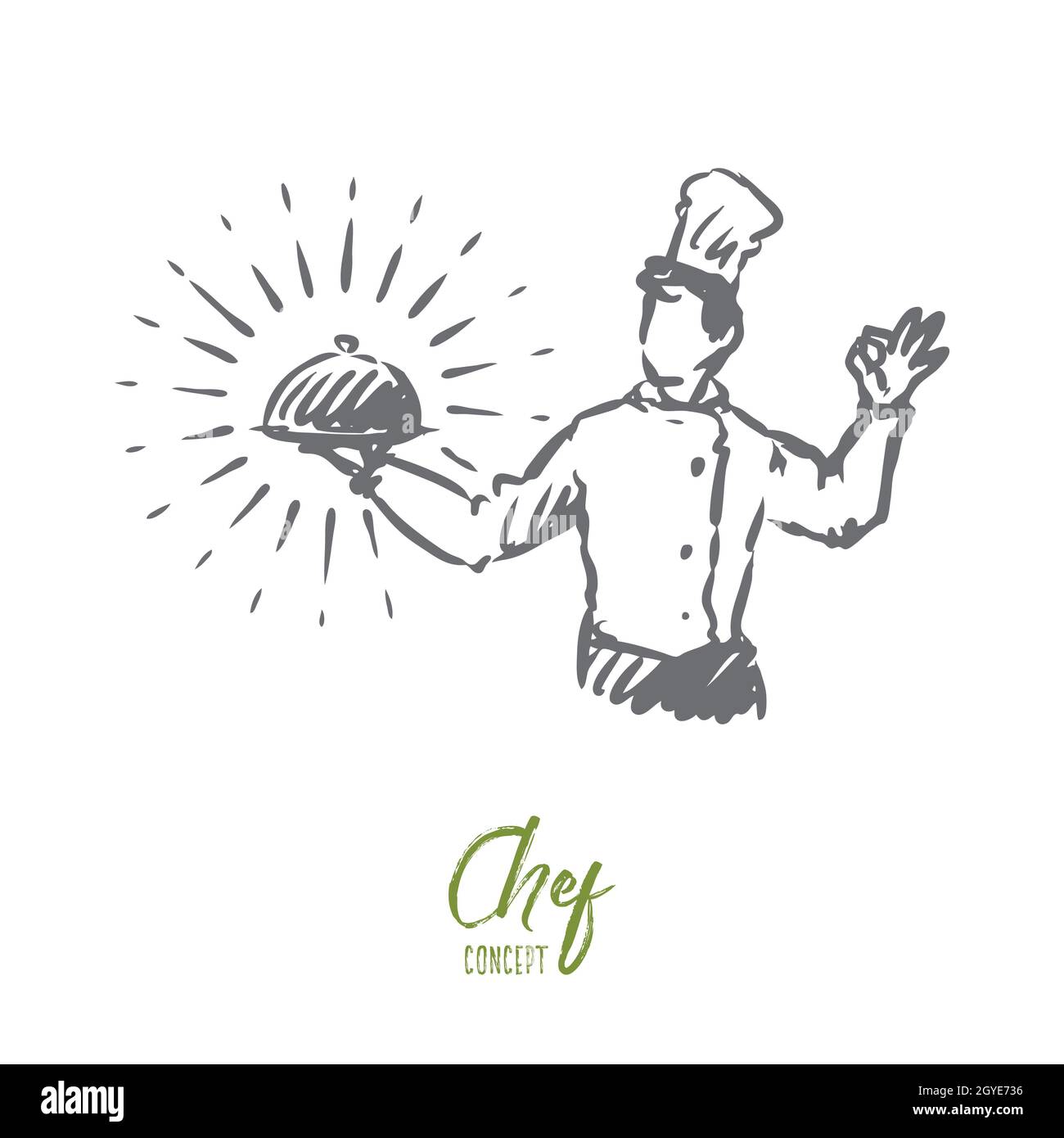 Chef, pot, meal, restaurant concept. Hand drawn chef in restaurant with ...