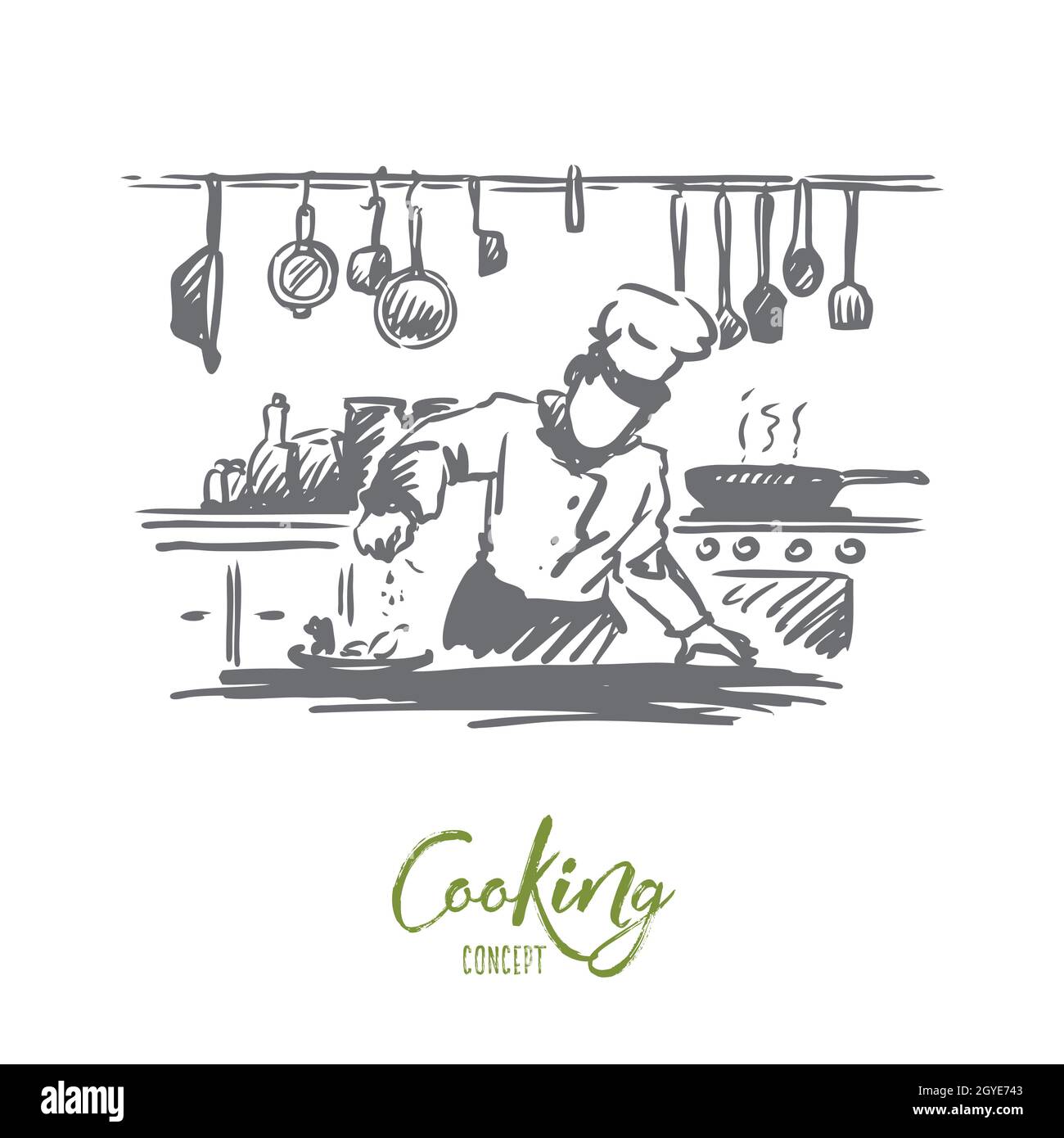 Cooking, chef, food, meal concept. Hand drawn chef preparing dish in ...