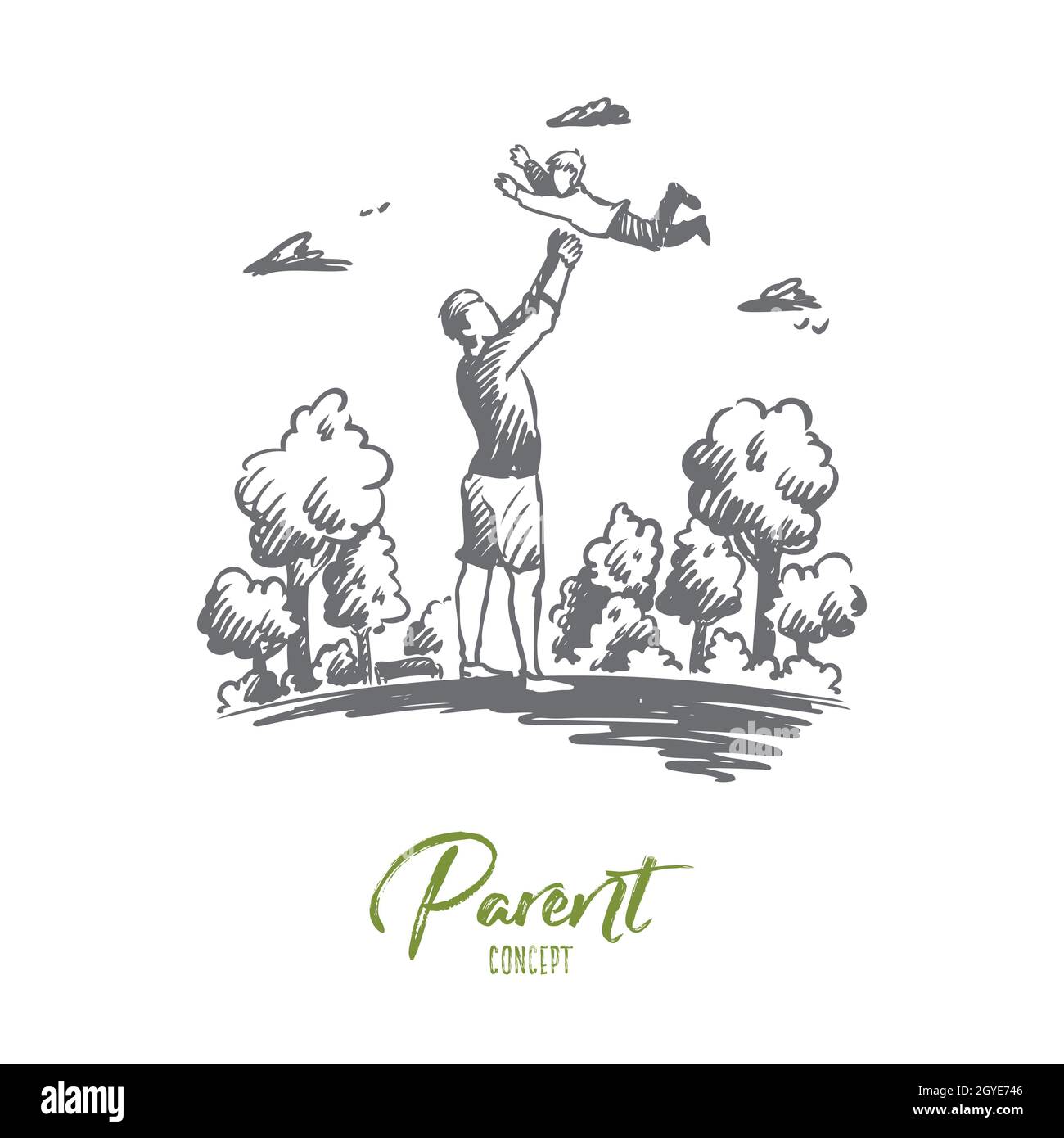 Child, father, parent, fun concept. Hand drawn dad playing with son ...