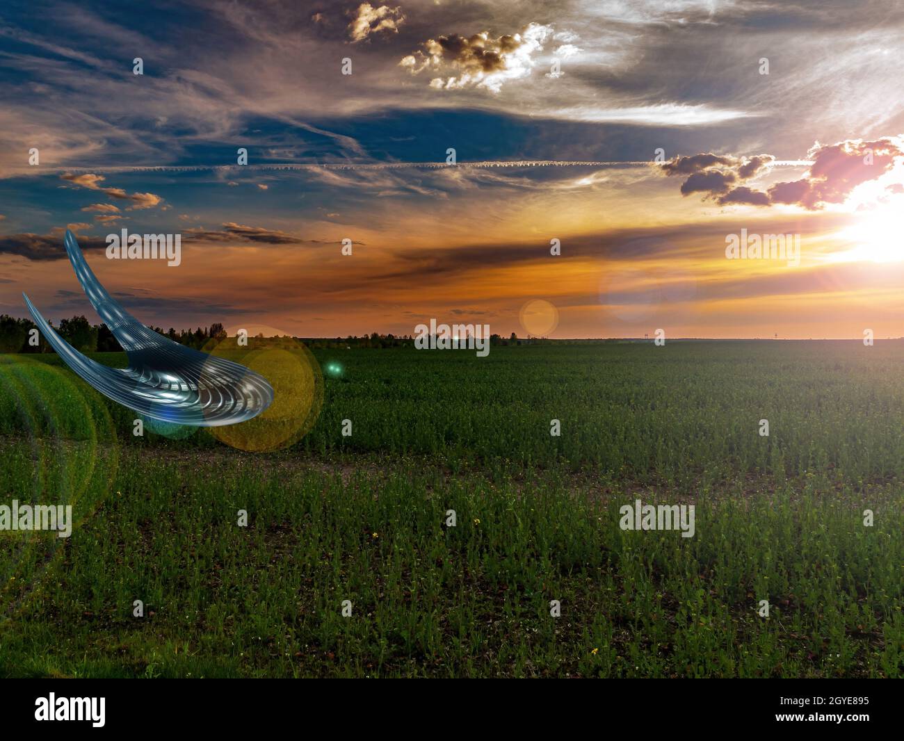 UFO landing over an agricultural field in the rays of a sunset ...