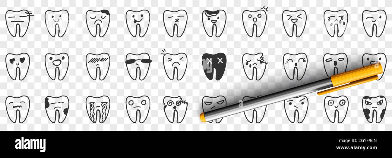 Healthy and unhealthy tooth doodle set. Collection of hand drawn ...