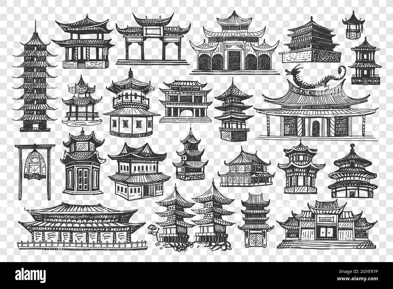 China buildings doodle set. Collection of chalk pencil hand drawn of chinese culture ...