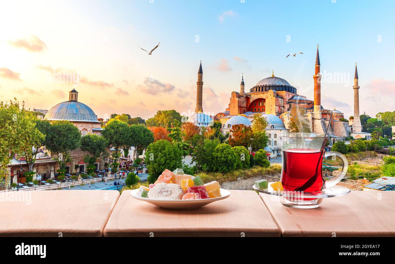 Traditional turkish tea in front of the Hagia Sophia Mosque, Istanbul ...