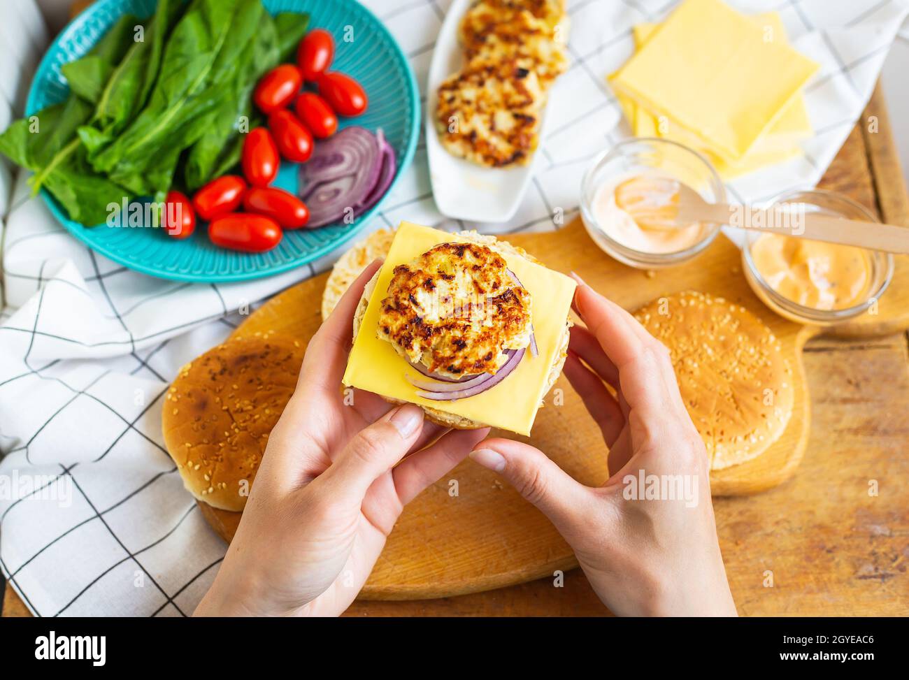 Preparation of all the ingredients for making a burger - bun, cutlet ...