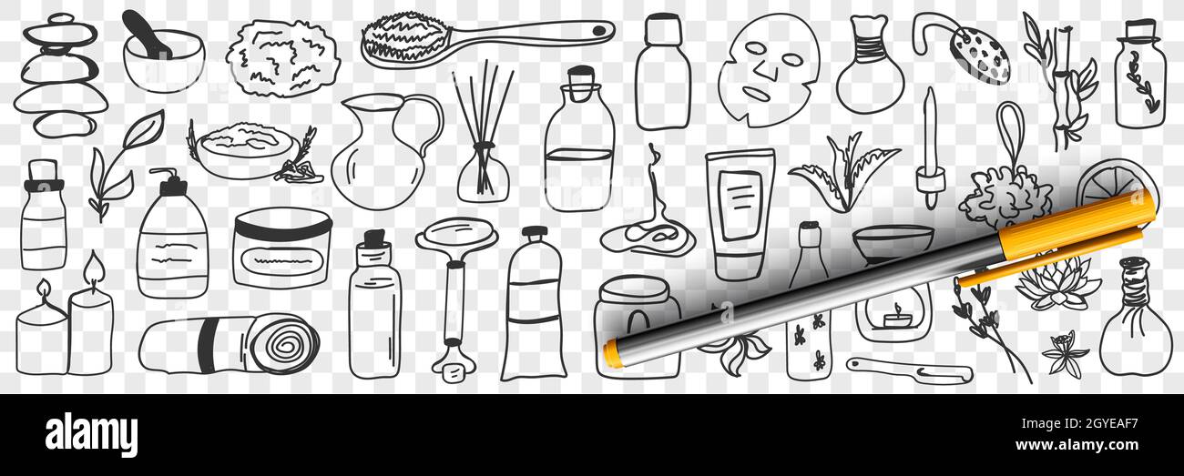 Beauty treatments and cosmetics doodle set. Collection of hand drawn ...