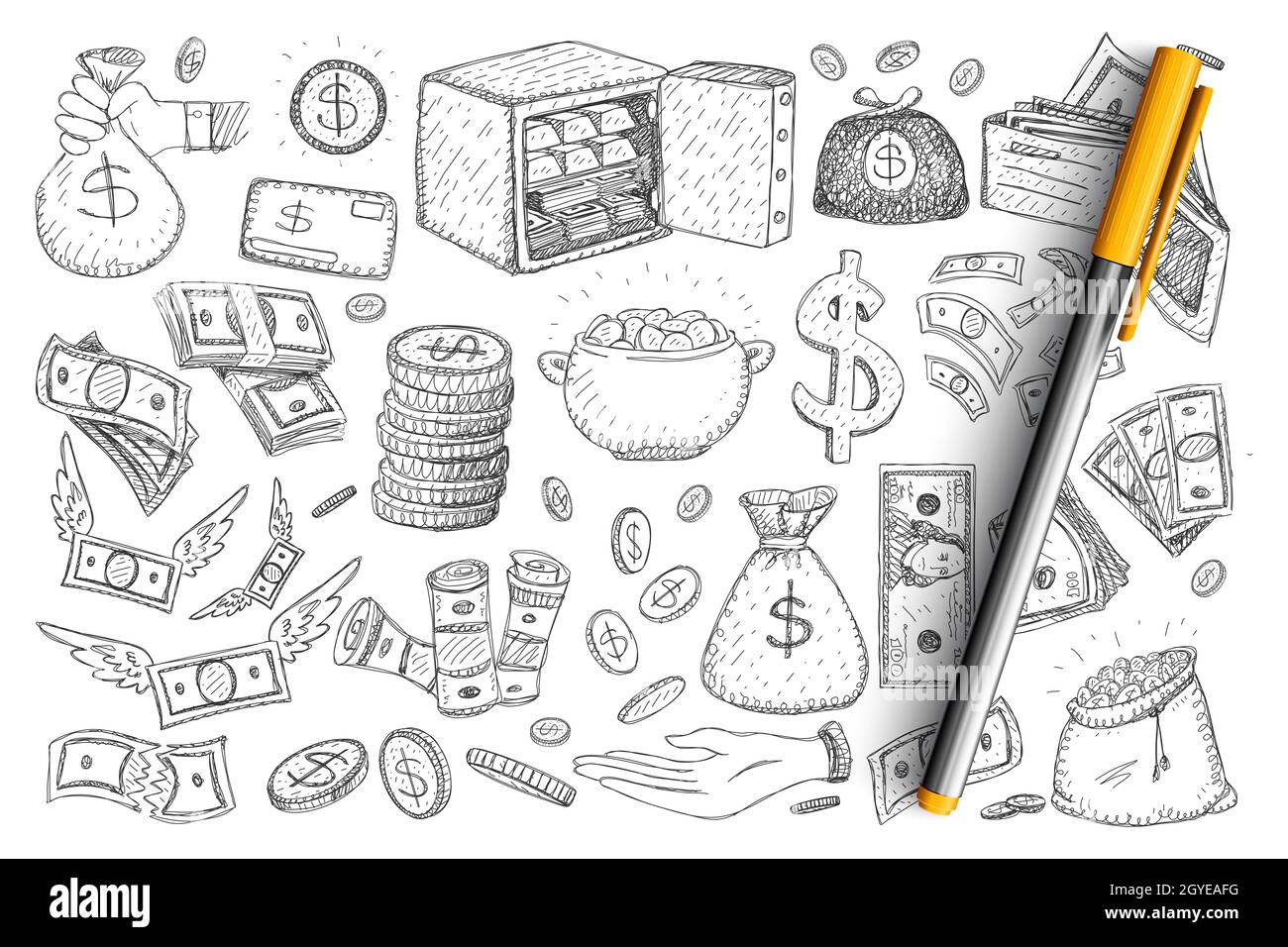 Money and finance doodle set. Collection of hand drawn safe, sacks with ...