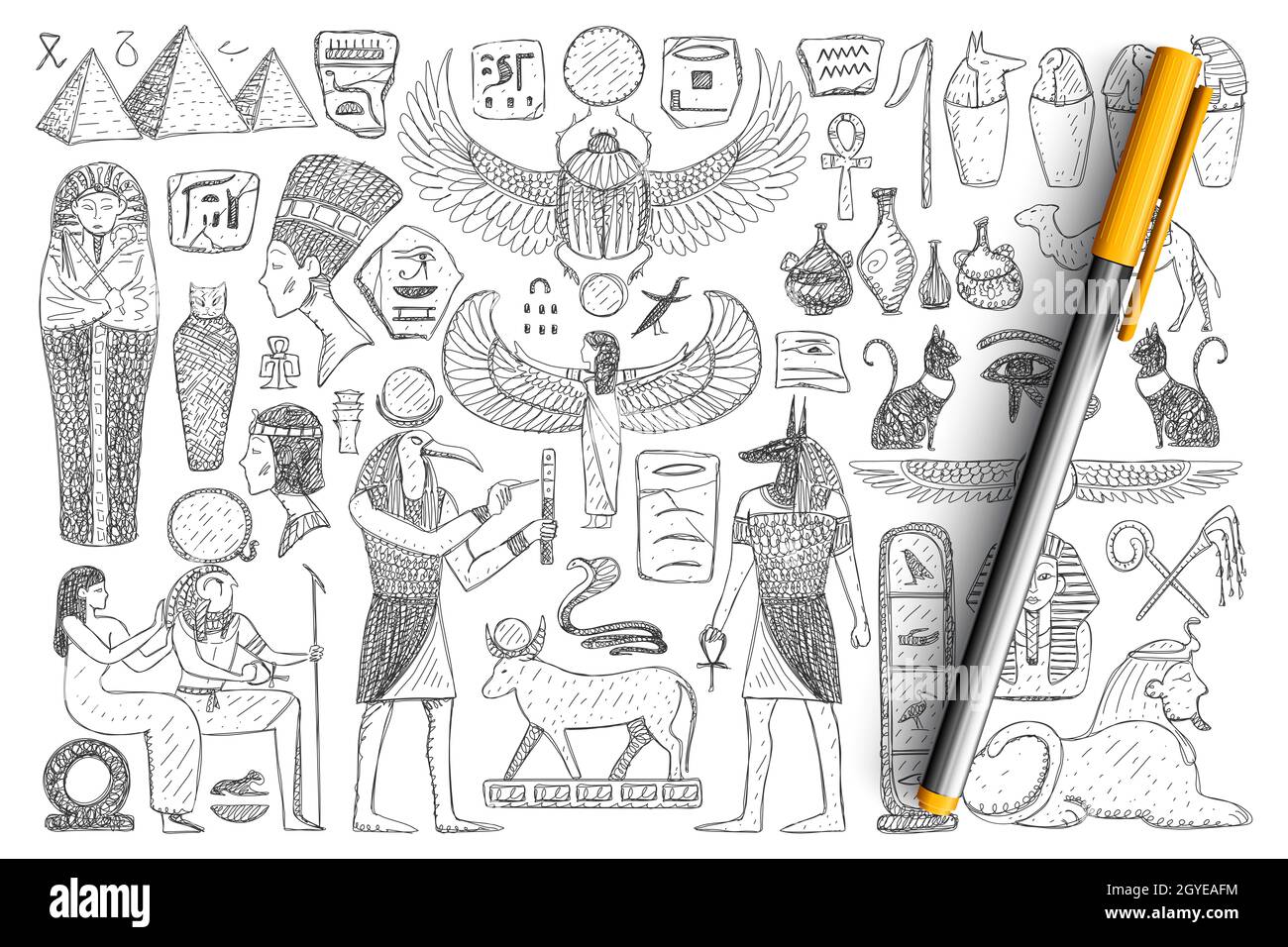 Ancient Egyptian symbols doodle set. Collection of hand drawn pyramids ...