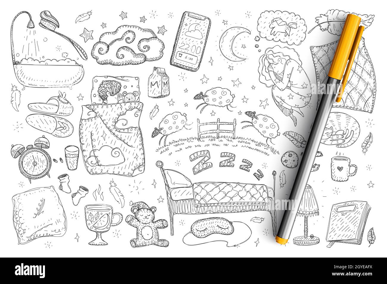 Morning and sleeping rituals doodle set. Collection of hand drawn ...