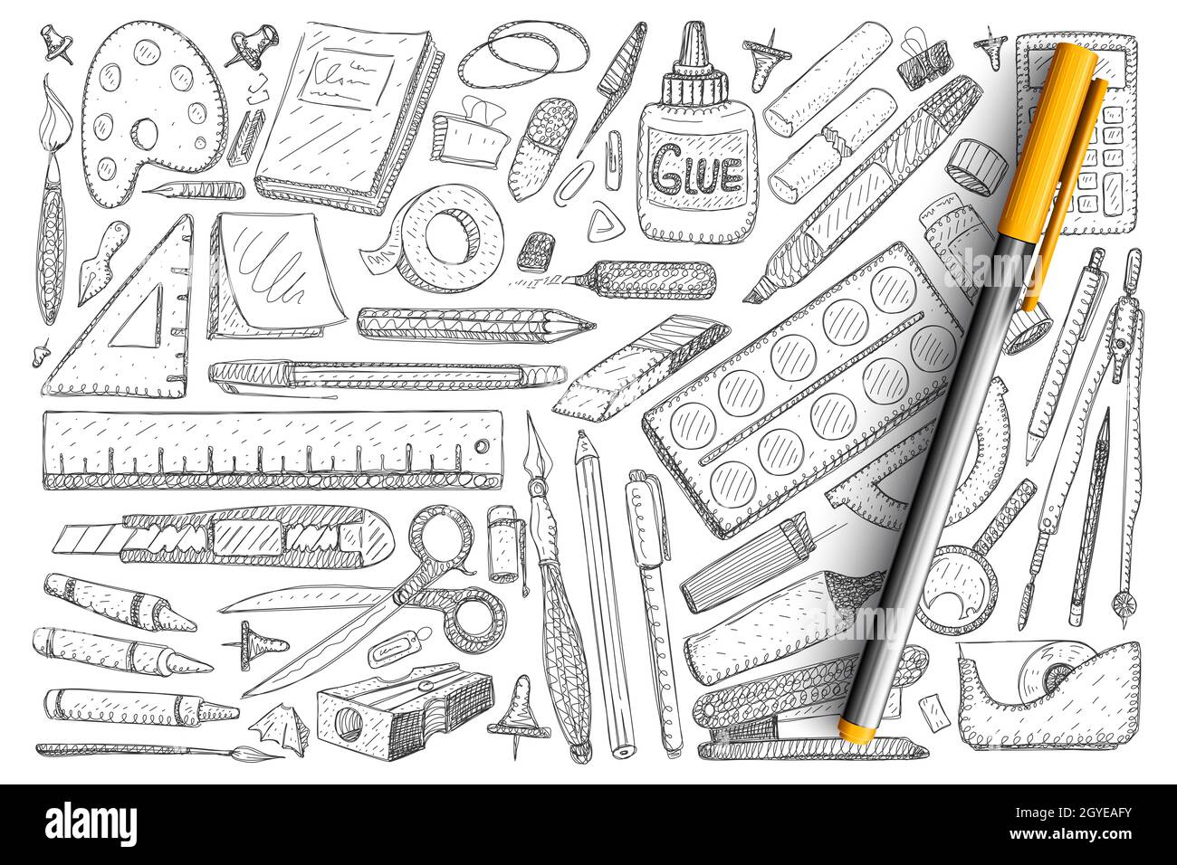 Objects for creative hobby doodle set. Collection of hand drawn glue ...
