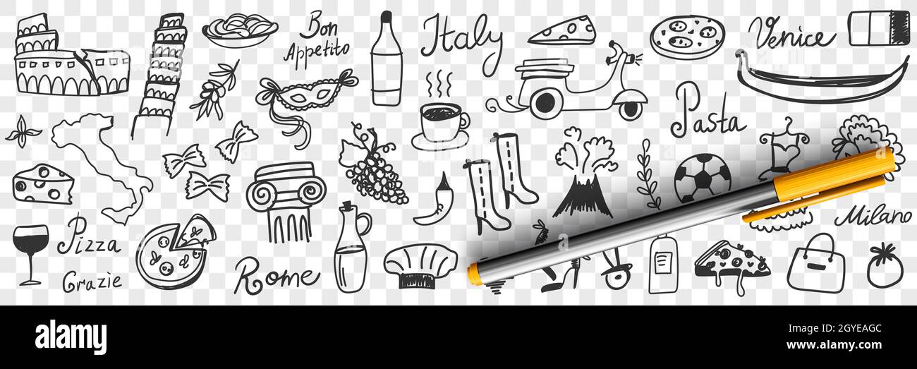 Symbols of Italy doodle set. Collection of hand drawn Italian boots ...