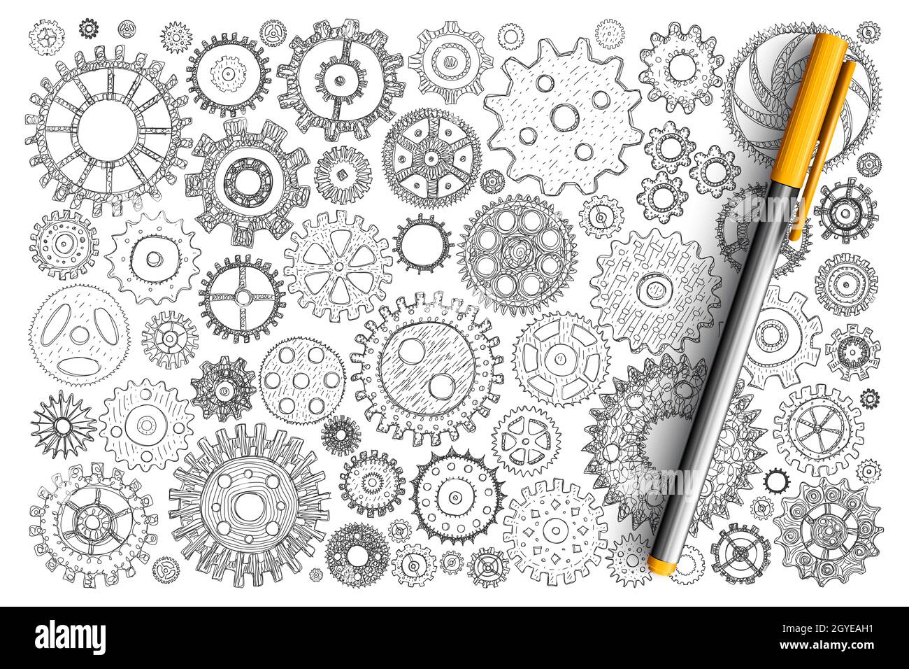 Engineering gears and wheels doodle set. Collection of hand drawn ...
