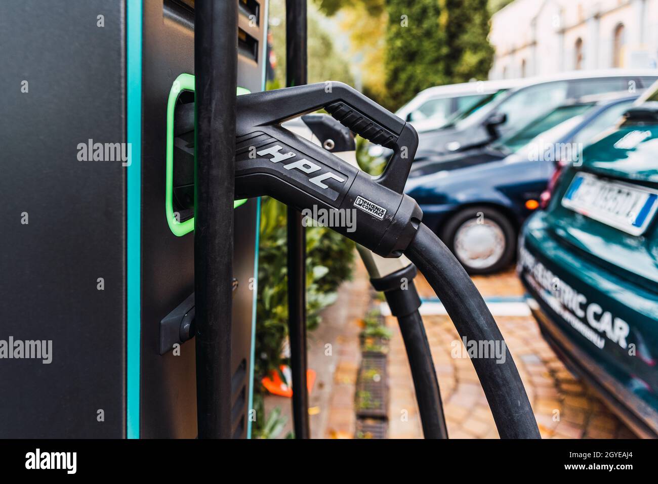 Rome, Italy - September 24, 2021: Public electric vehicle charging pole ...
