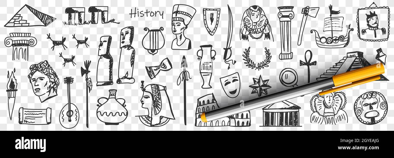 Symbols of history doodle set. Collection of hand drawn ancient ...