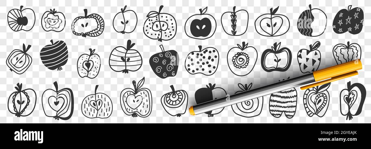 Apple fruits with patterns doodle set. Collection of hand drawn apple ...