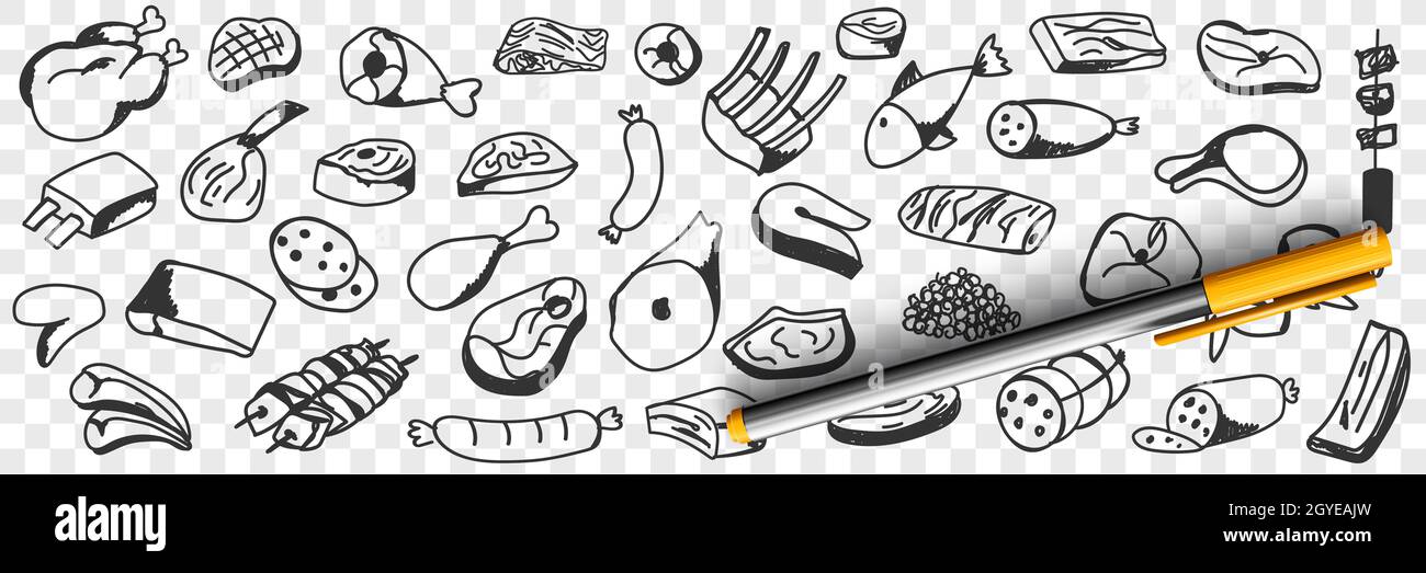 Meat sausages fish doodle set. Collection of hand drawn edible sausage ...