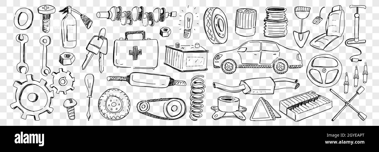 Tools for car repairing doodle set. Collection of hand drawn cars keys ...