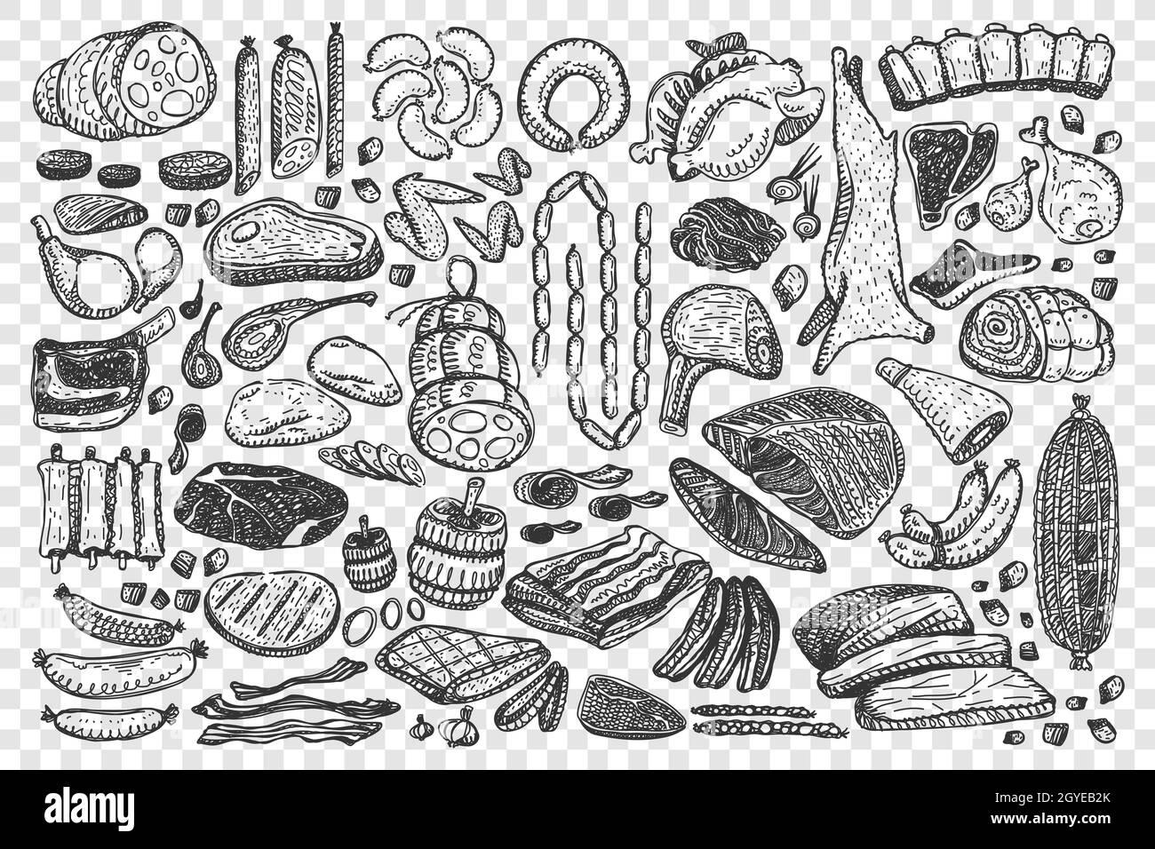 Meat doodle set. Collection of grocery lamb pig cow steak roast beef ...