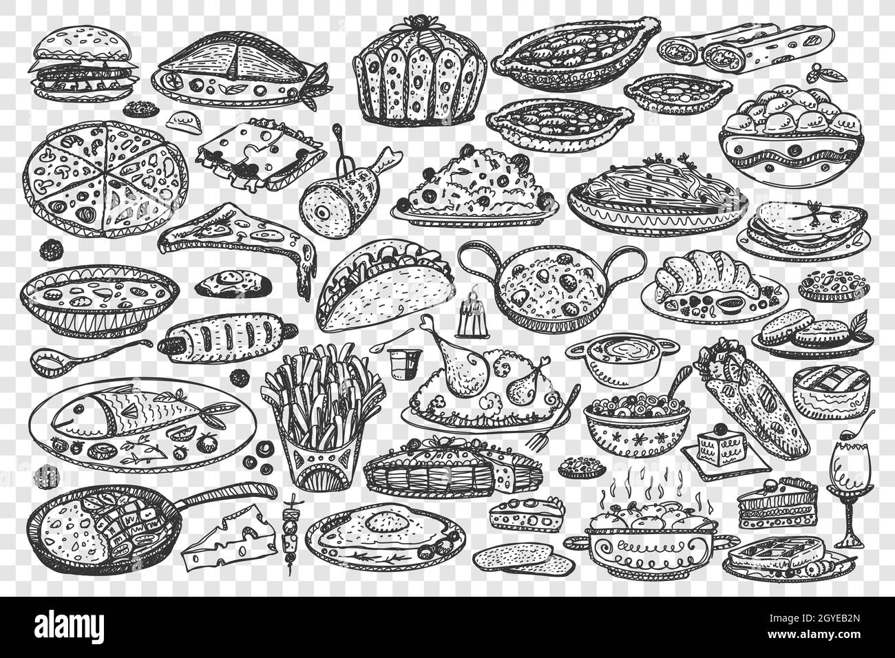 Food doodle set. Collection of hand drawn various different kind of ...