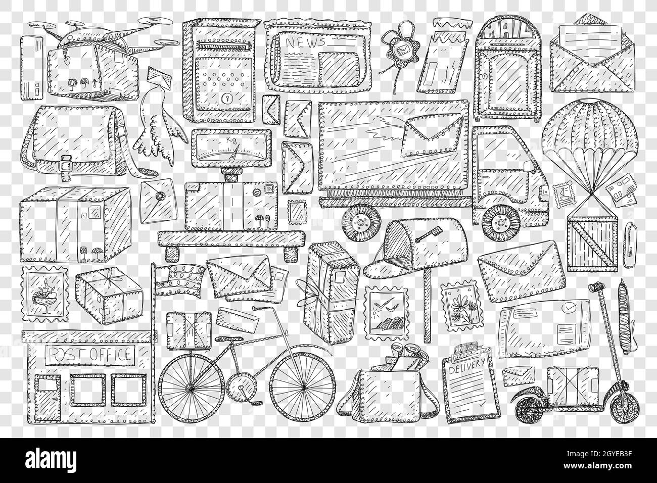 Post office and sending letters doodle set. Collection of hand drawn ...
