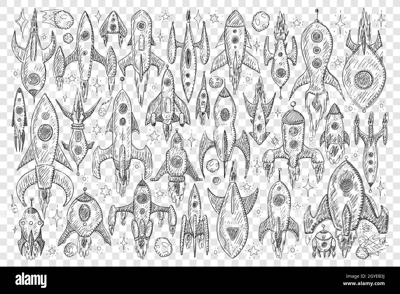 Rockets during flight doodle set. Collection of hand drawn various ...