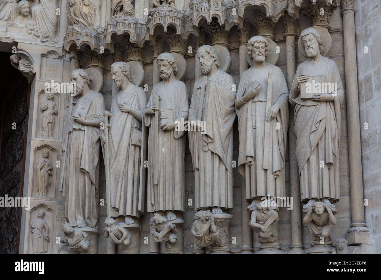 Paris, France - Notre Dame cathedral .Statues of the twelve apostles on ...