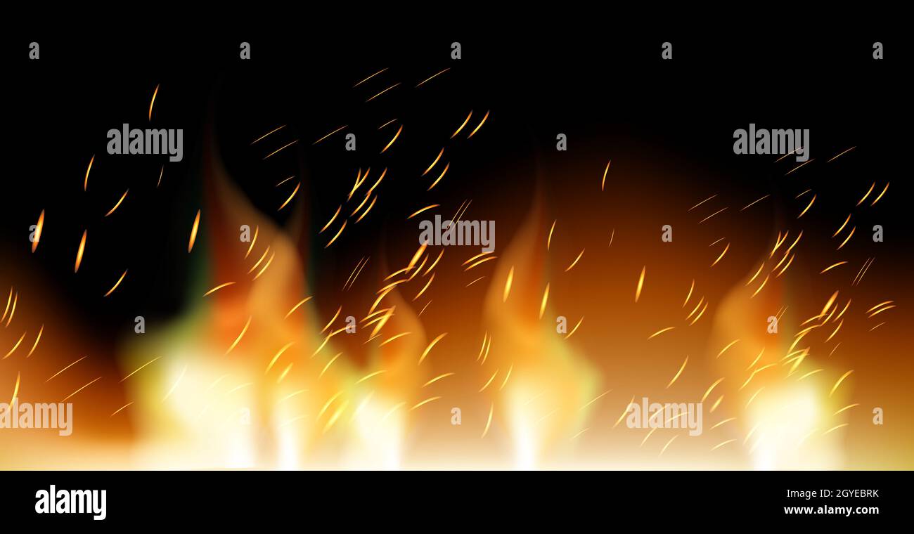 Realistic fire on a dark background - Vector illustration Stock Photo ...