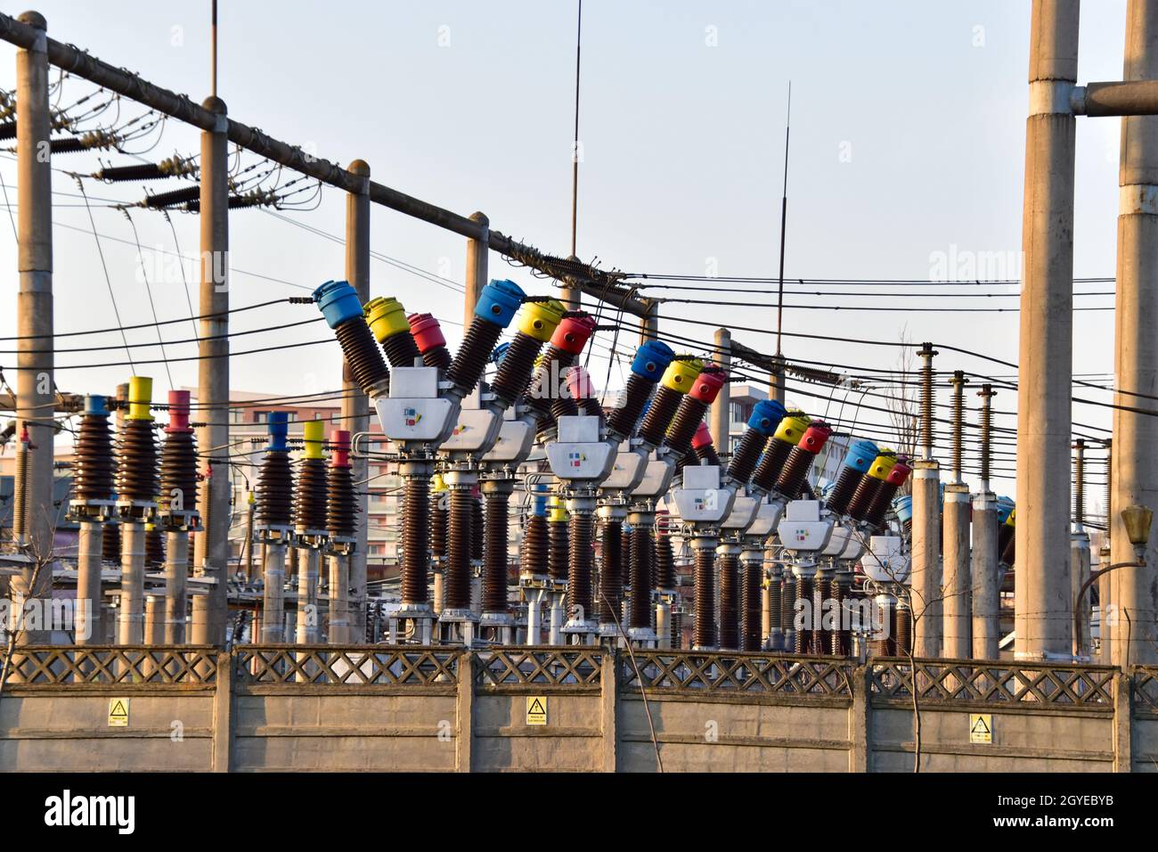 Closeup of isolators and transformers at the electrical substation ...