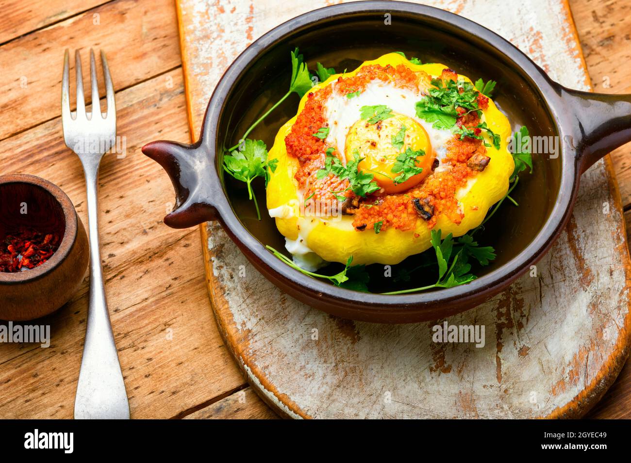 Squash stuffed with couscous and mushrooms. Baked patisson with ...