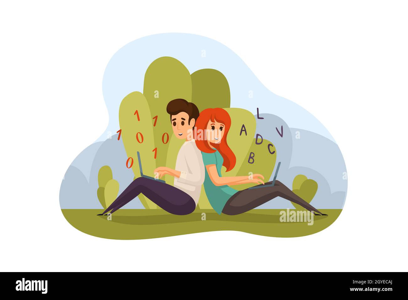Couple, blogging, coding concept. Young smart couple in love people man ...