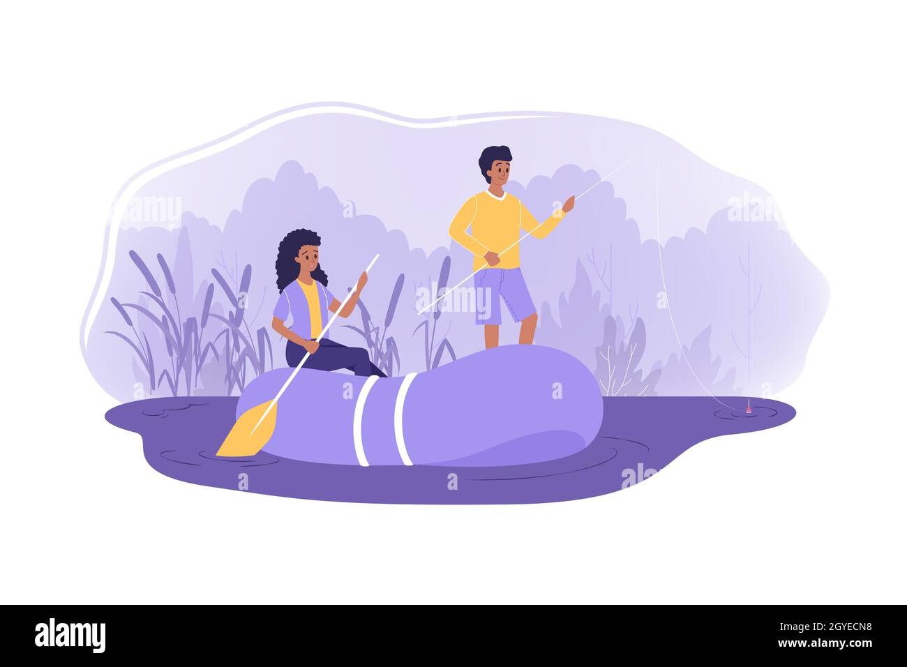 Fishing, nature, tourism, recreation, holiday concept. Young couple in ...