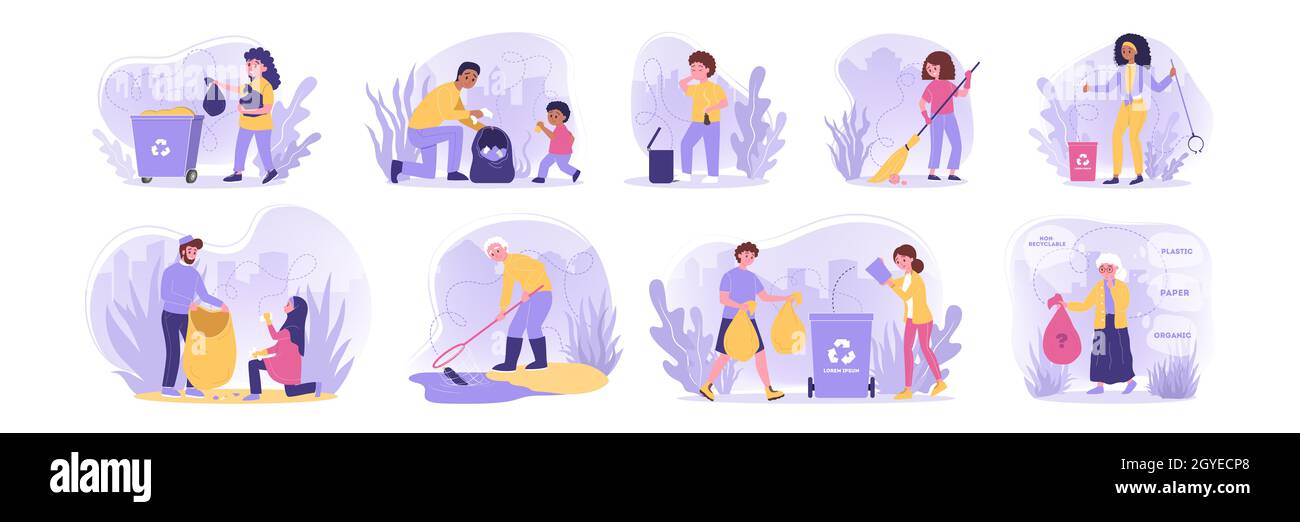 Volunteering, ecology, work, recycling set concept. Collection of men ...