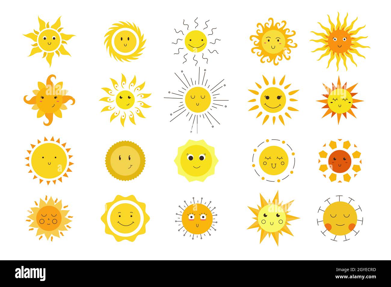 Hand drawn sun emotions doodle set. Collection of colorful cartoon ...