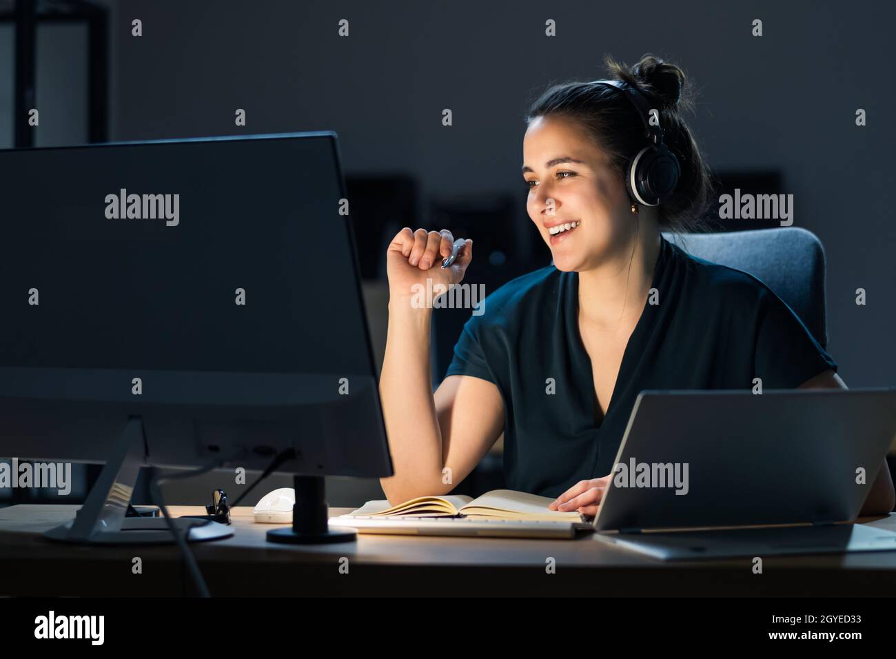 Online Webinar Meeting Call Late At Night On Computer Stock Photo - Alamy