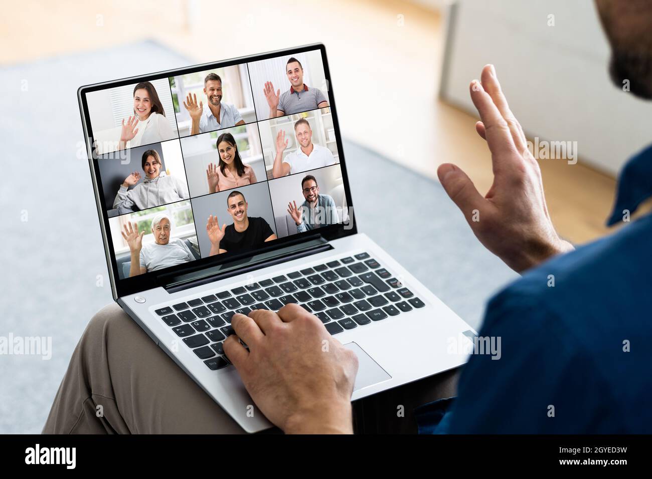 Remote Teleworking Meeting Call On Computer. Waving Hand Saying Goodbye ...