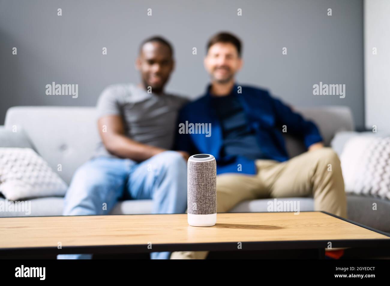 Smart Speaker And Wireless Voice Assistant. Listening Music Stock Photo ...