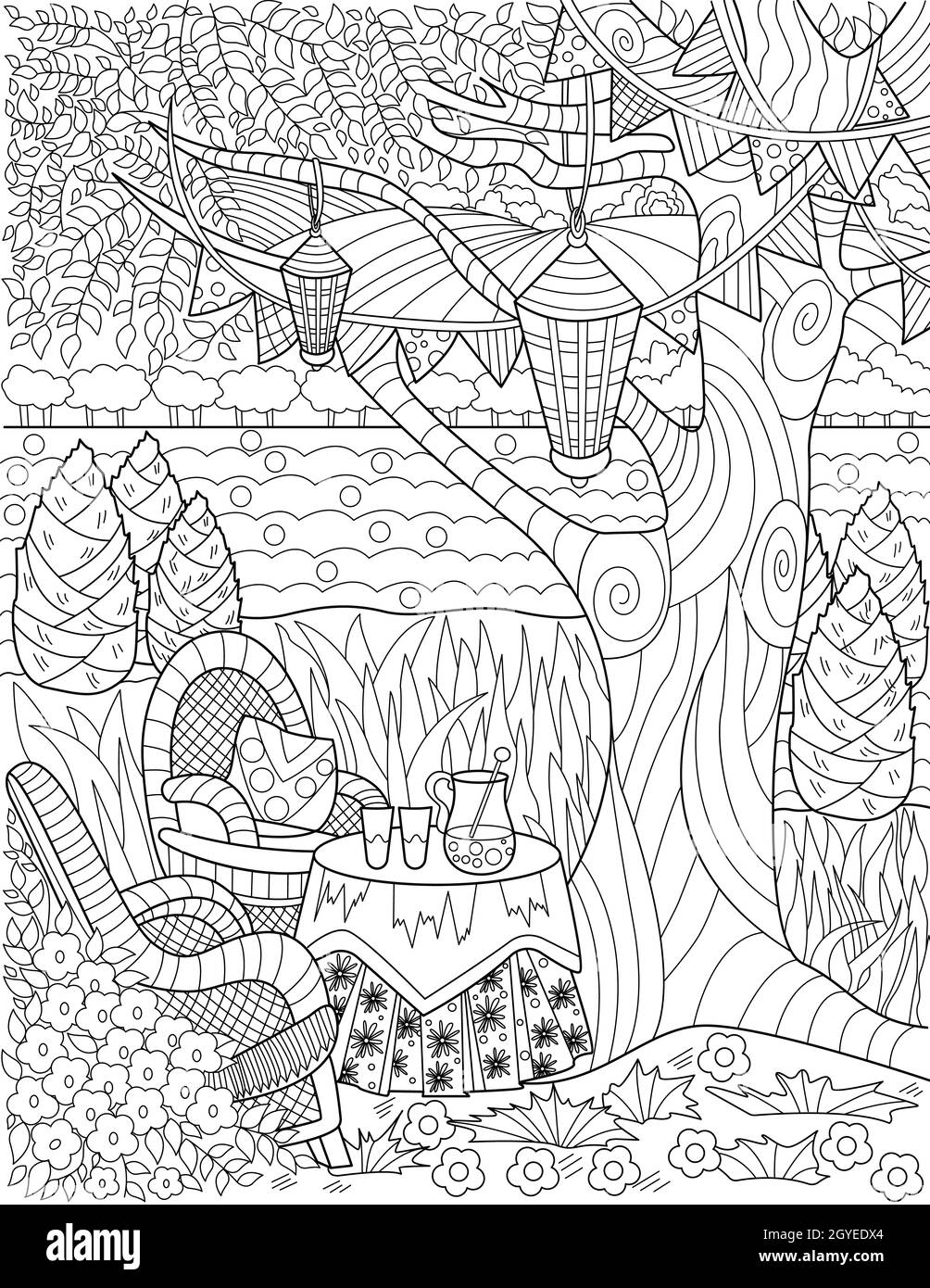 Outdoor Lounge Area With Round Dining Table Under Tree With Lamps Stock ...