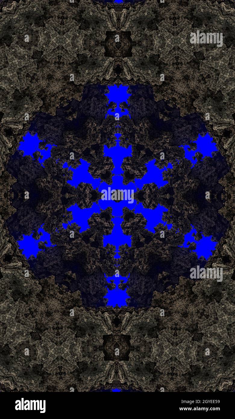 Grey stone flower kaleidoscope on Very dark blue background shiny frame ...