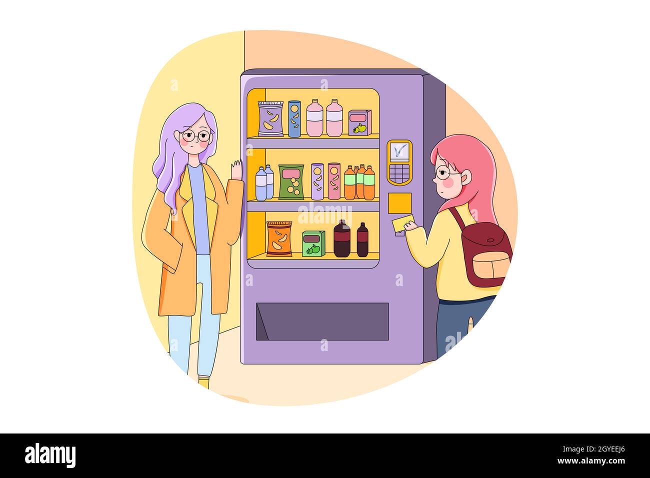 Buy, drink, technology, shopping concept. Young schoolgirls kids ...