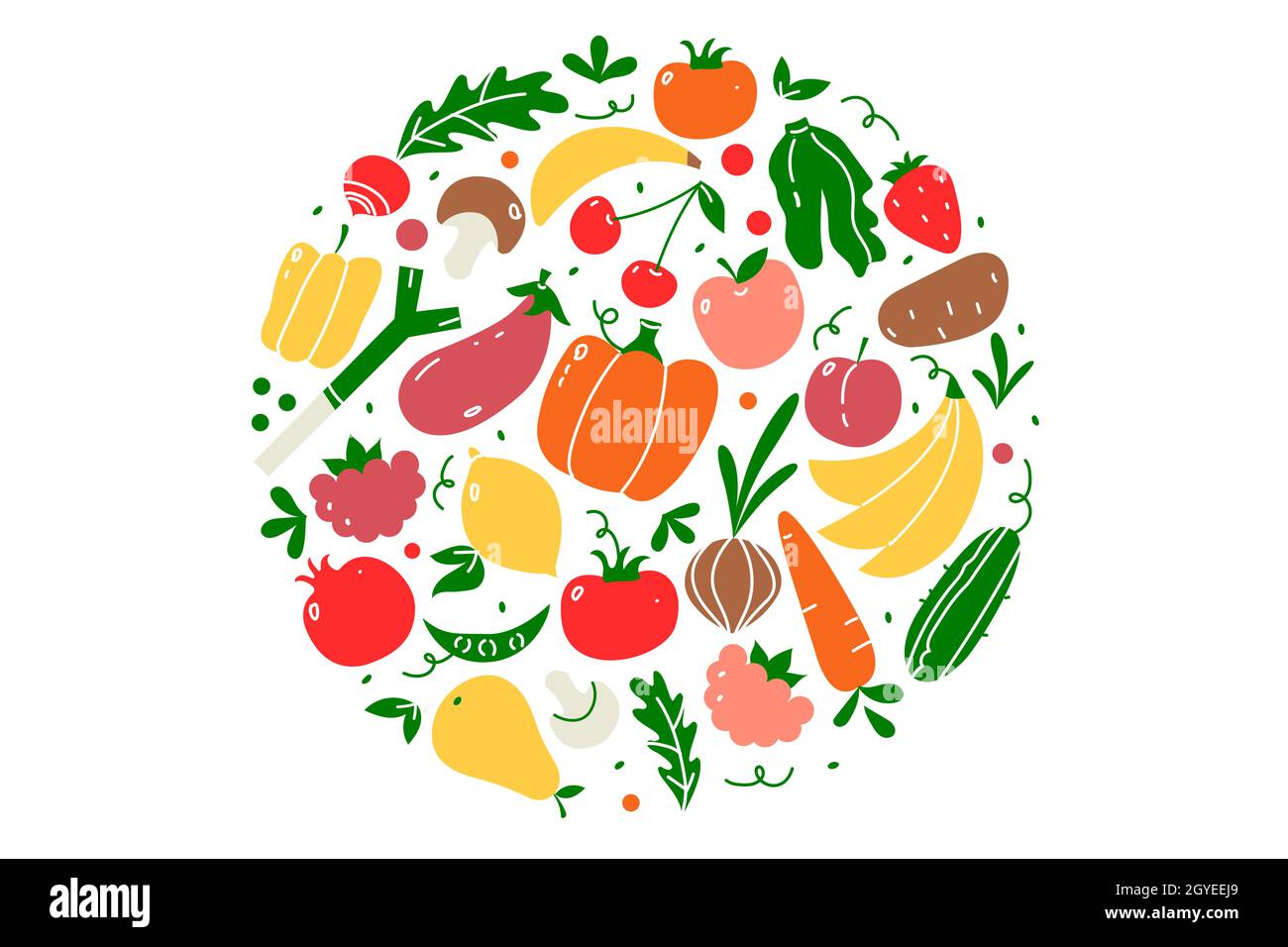 Vegan food doodle set. Hand drawn patterns fruits and berries ...
