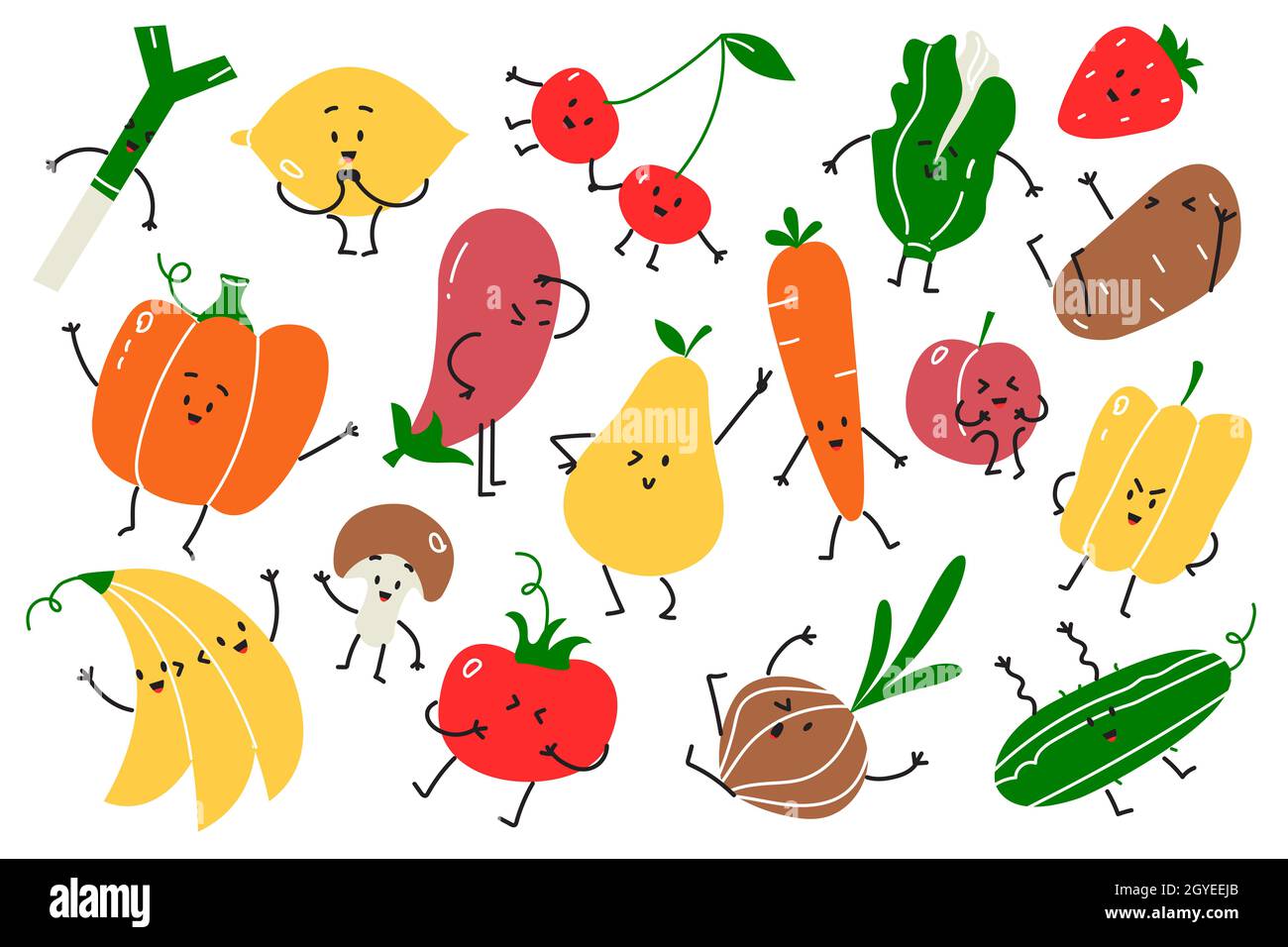 Vegan food doodle set. Hand drawn doodle vegetarian food mascots happy ...