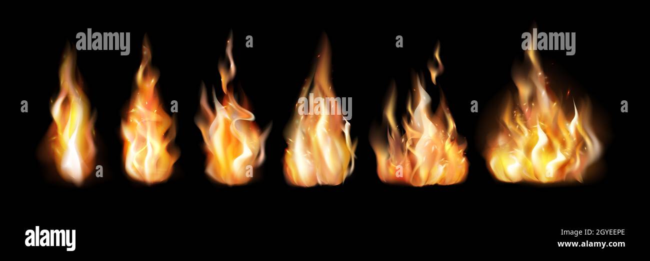 Realistic fire flames set. Collection of realism style drawn blazing ...